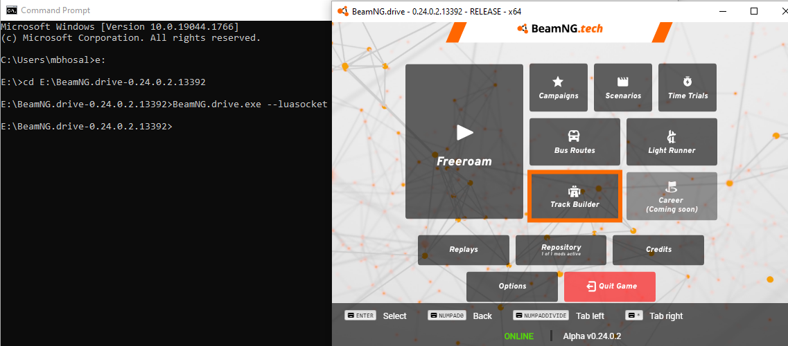 Connecting Beamngpy to the simulator - adding "-luasocket" extension ...