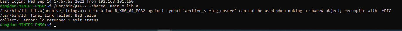 relocation R_X86_64_PC32 against symbol `archive_string_ensure' can not be used when making a ...