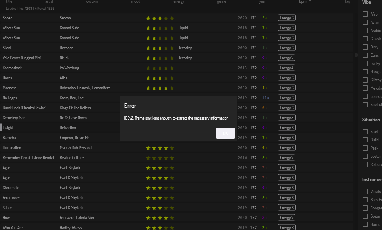 ID3v2: Frame isn't long enough to extract the necessary information ...