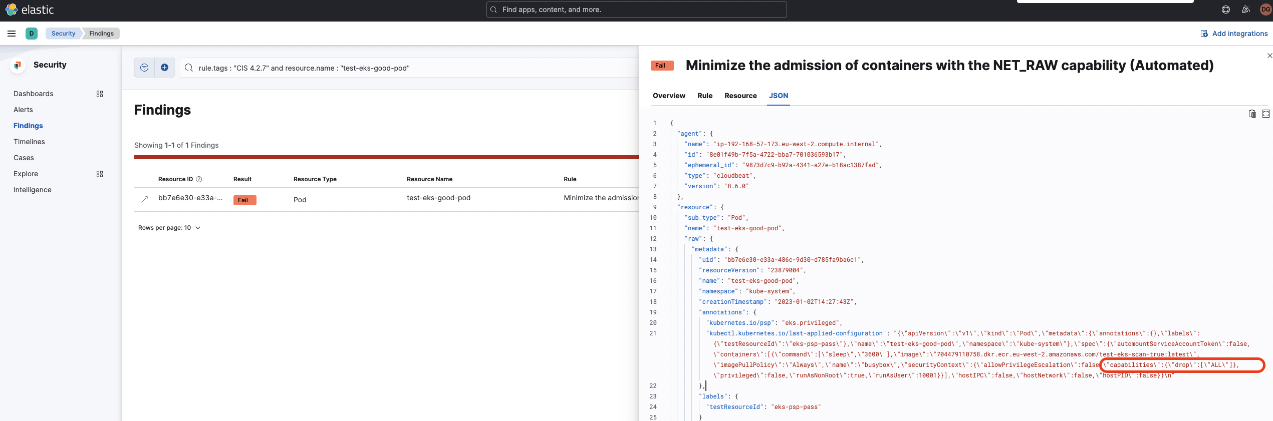 [BUG] CIS EKS Rule 4.2.7 - Cloudbeat set rule evaluation to fail even though the capabilities ...
