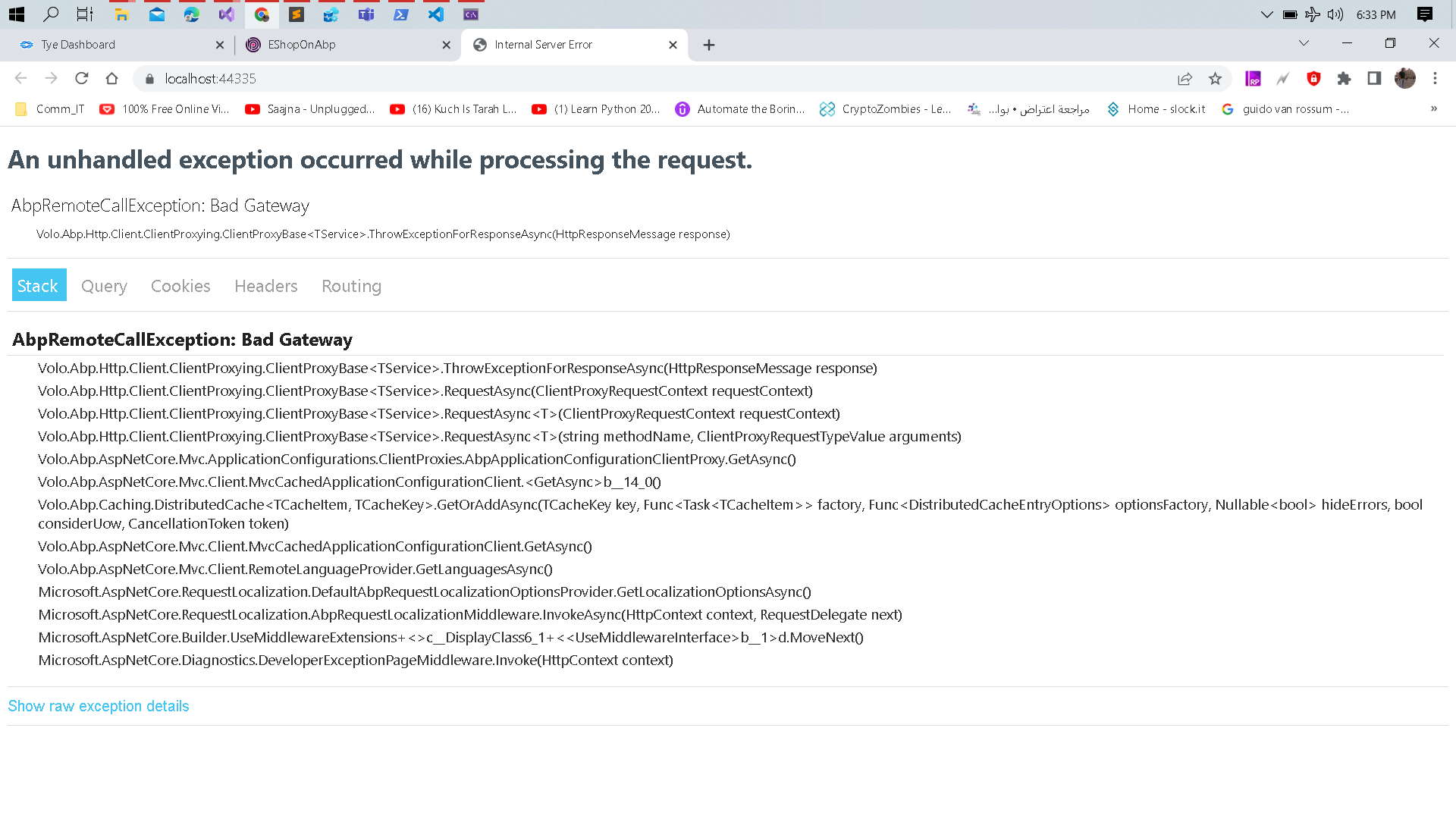 Having issues while running ehopApp/PublicWeb application, throwing Badgateway exception ...