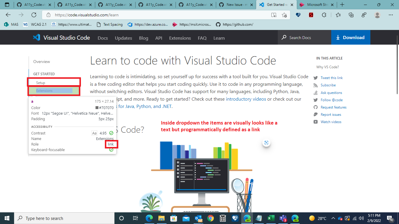 A11y_Code.visualstudio.com_visual studio Learn page_Overview_Usability: Inside dropdown the ...