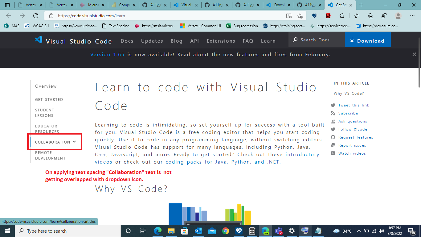 A11y_Code.visualstudio.com_visual studio Learn page_Overview_Text spacing : On applying text ...