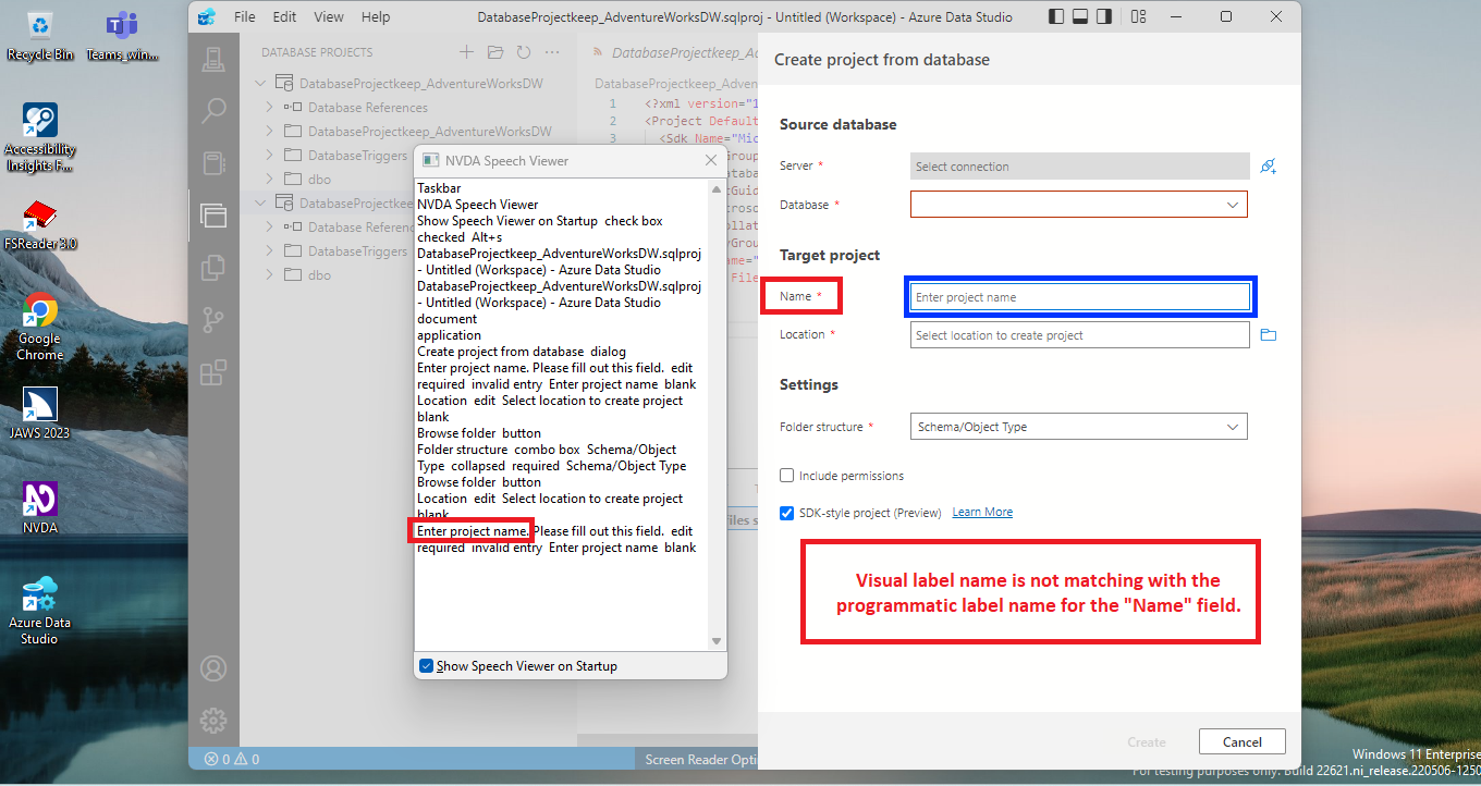 A11y Sql Database Projects Extension View And More Action Create Project From Database Label In