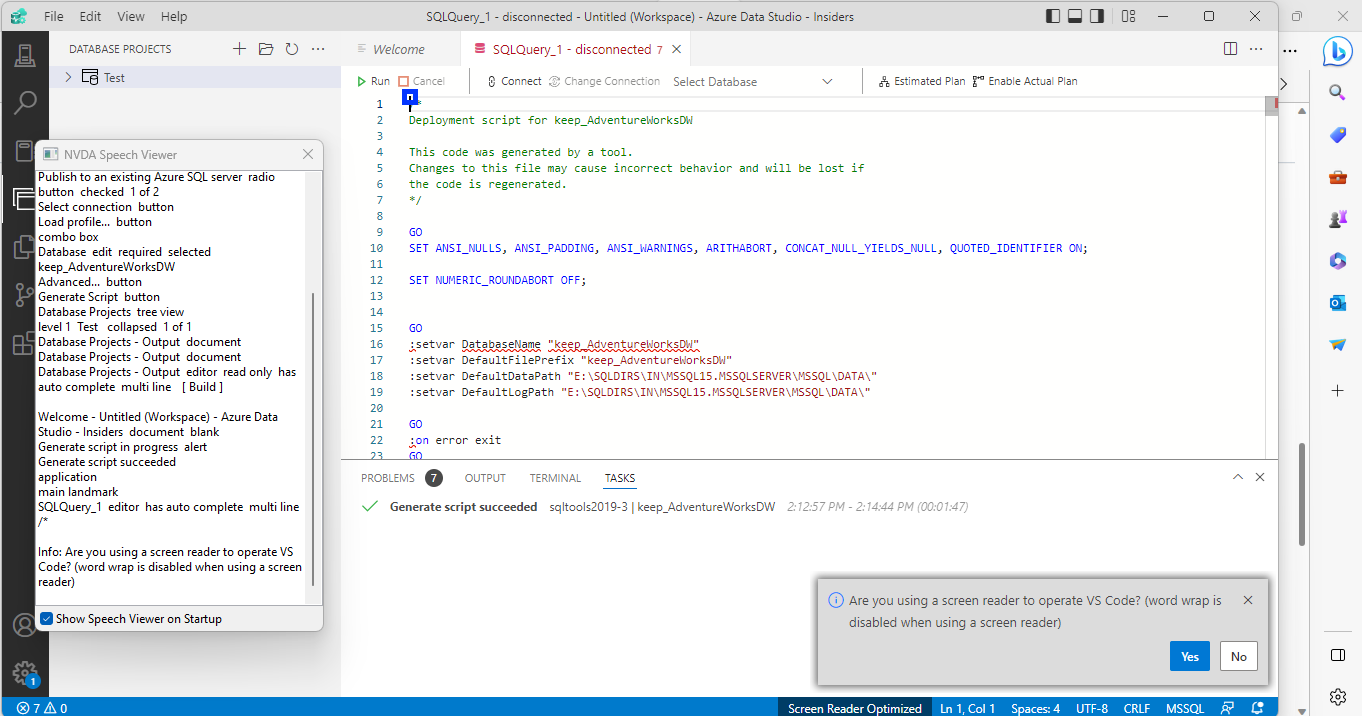 A11y Sql Database Projects Extension Create Project From Database Create Project Status Message