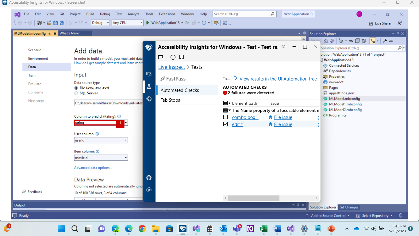 A11y_Model Builder_Recommendation_Data_AI4D: (devenv/combo box '') The Name property of a ...