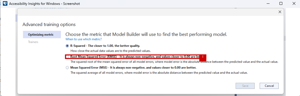 A11y_Model Builder_Train_Advance Training Options_AI4D: (devenv/radio button 'Root Mean Squared ...