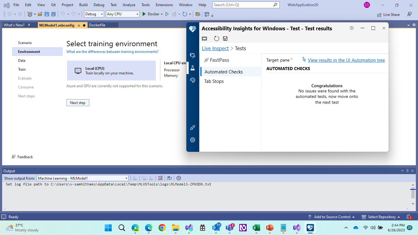 A11y_Model Builder_Train_Advance Training Options_AI4D: (devenv/radio button 'Root Mean Squared ...