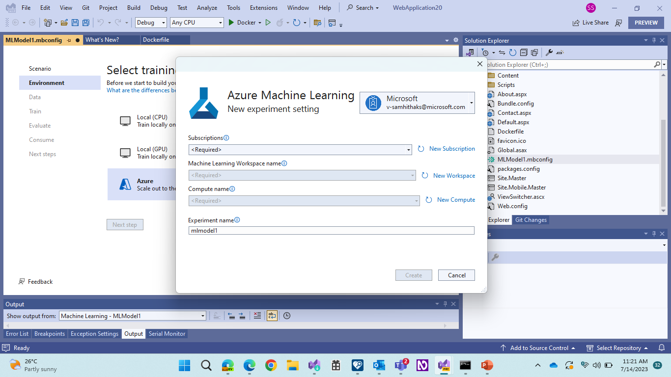 A11y_Model Builder_azure_Create New Experiment_Usability: The "New Subscription, New workspace ...