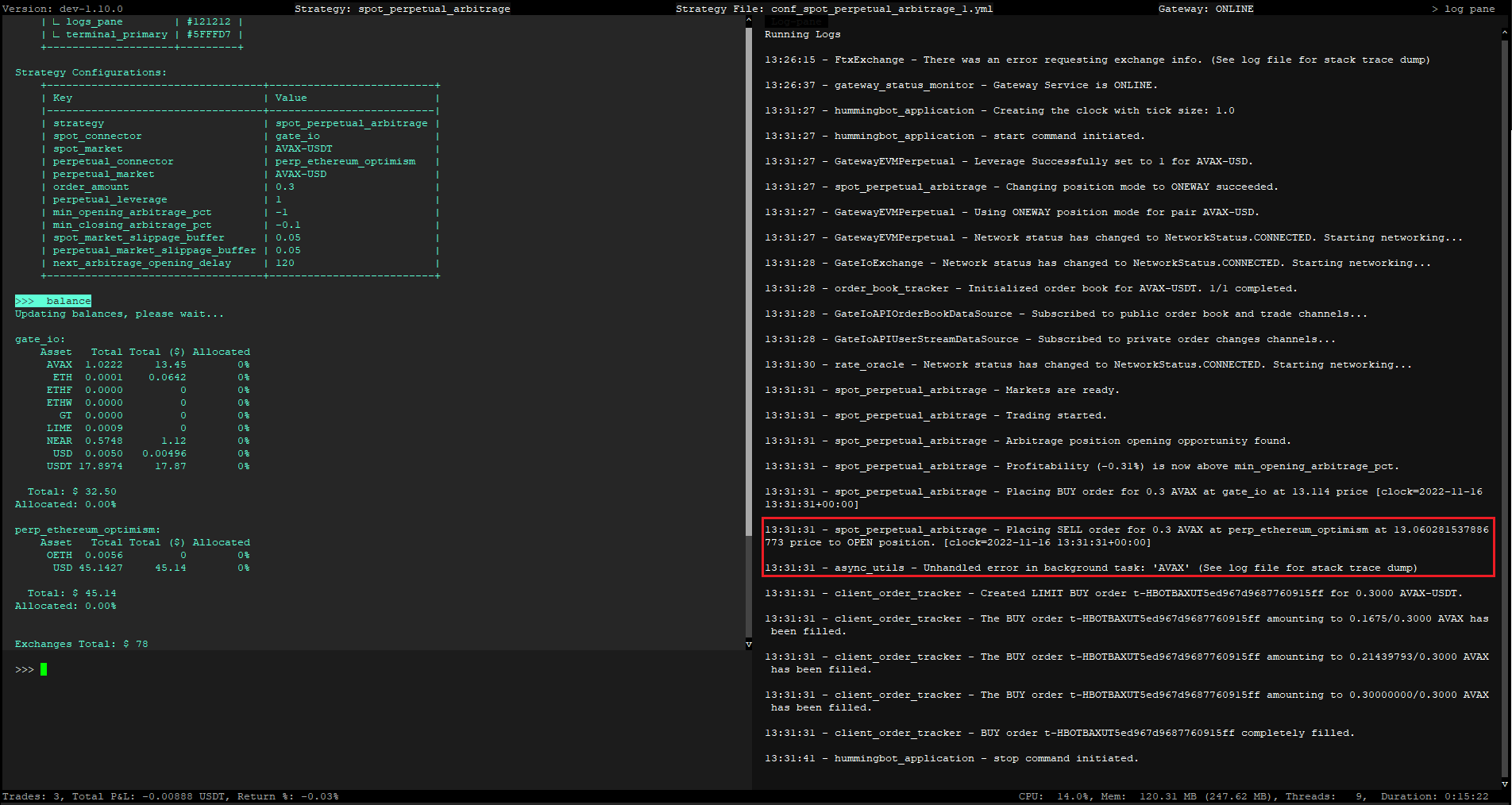 Perpetual protocol - Spot perpetual arbitrage opening position causes Unhandled error in ...