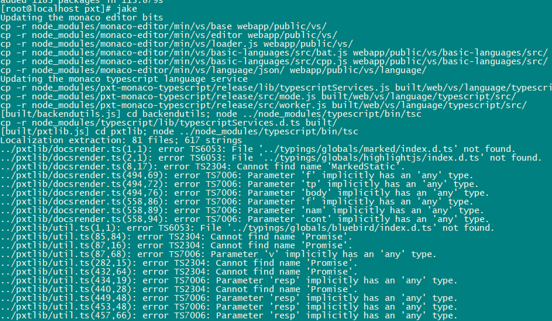 Execute jake command and got a lot of error in pxt project! · Issue #3691 · microsoft/pxt · GitHub