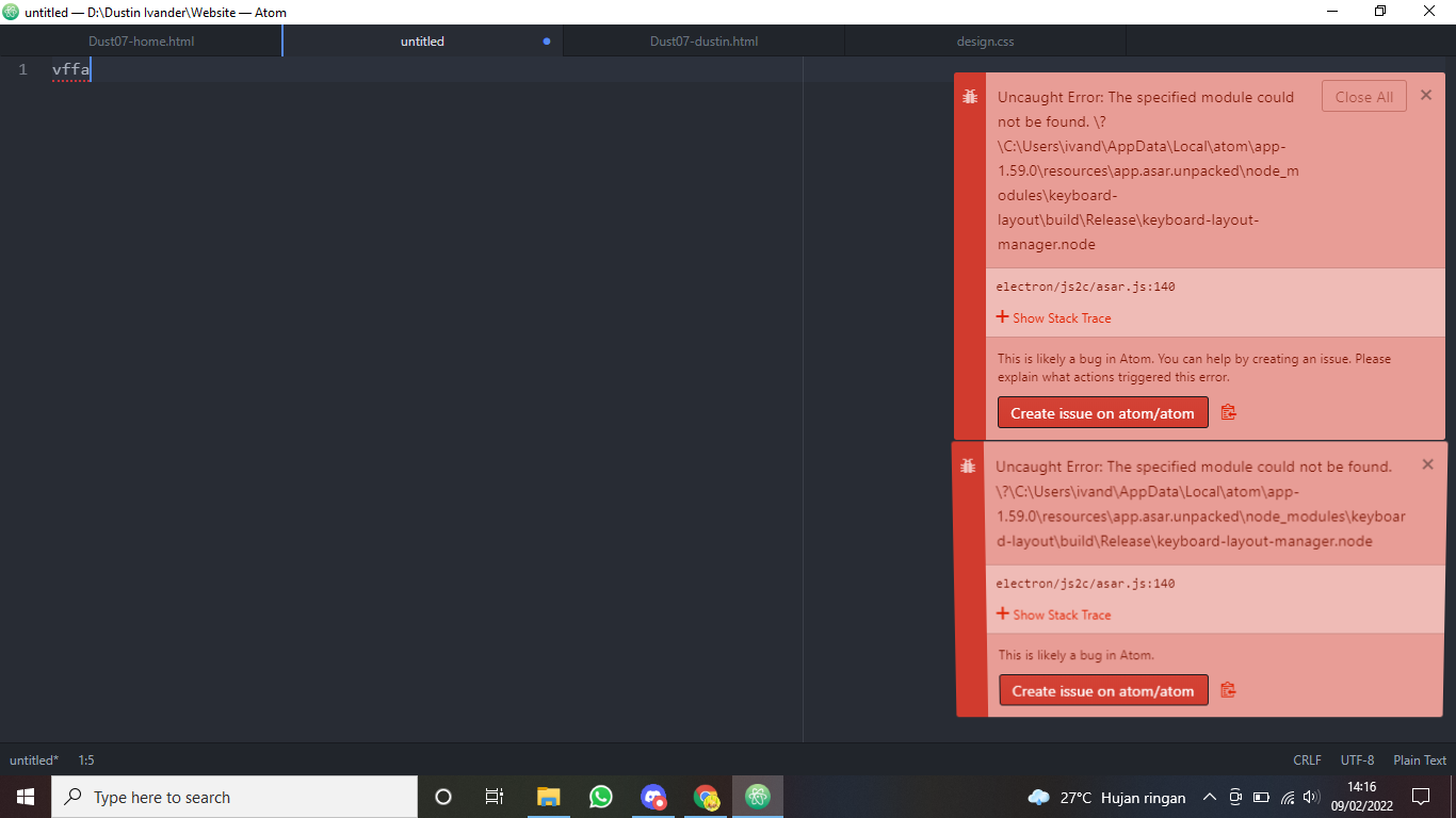 Uncaught Error: The specified module could not be found./\?\~\AppData\Local\atom\app-1.59.0\res ...