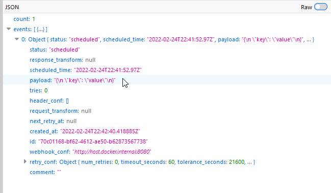 Creating one-off scheduled events with hasura web-console causes payload to be set to string ...