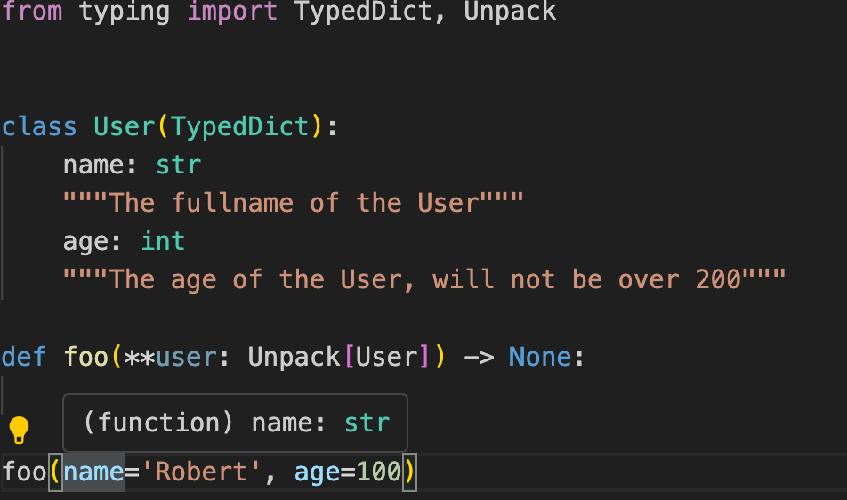 Show Docstrings On Keys Of Typeddicts When Unpacked Into Kwargs · Issue 6242 · Microsoft