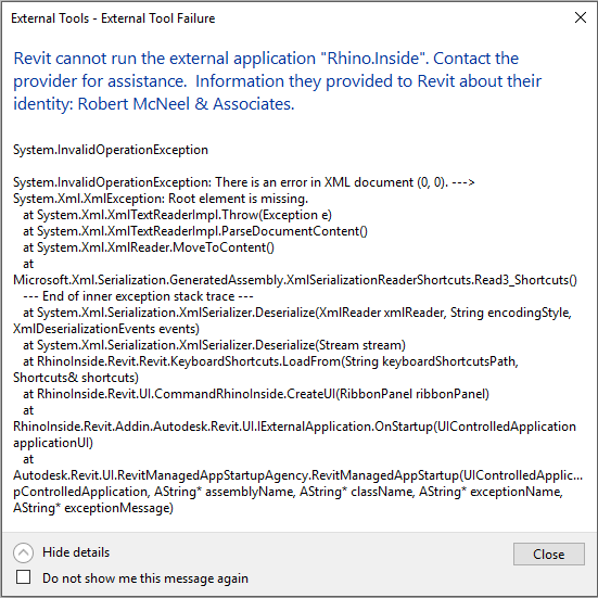 Revit cannot run the external application · Issue #75 · mcneel/rhino.inside-revit · GitHub