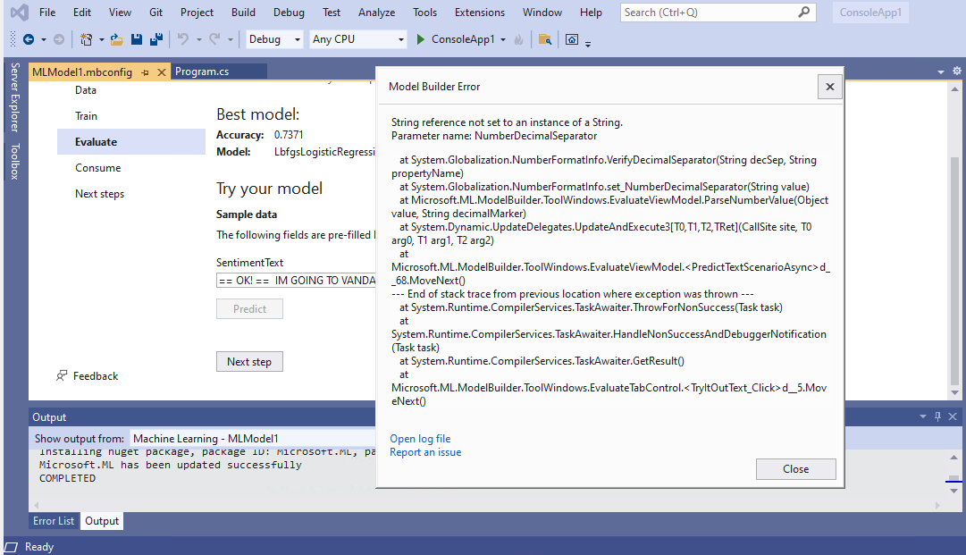 Model builder error "String reference not set to an instance of a String. Parameter name ...