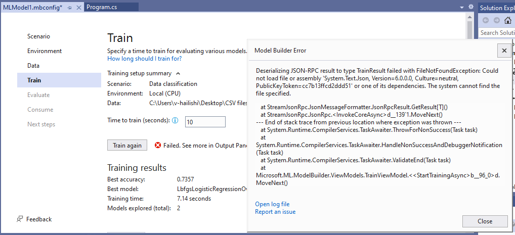 Generating The Code Behind Files Failed With Model Builder Error On The Train Page · Issue 0068