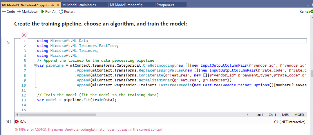 Value predication: Generated Console App project, Web API project and Notebook run failed with ...