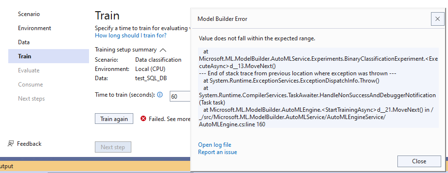 All scenarios are training failed with model builder error. · Issue ...