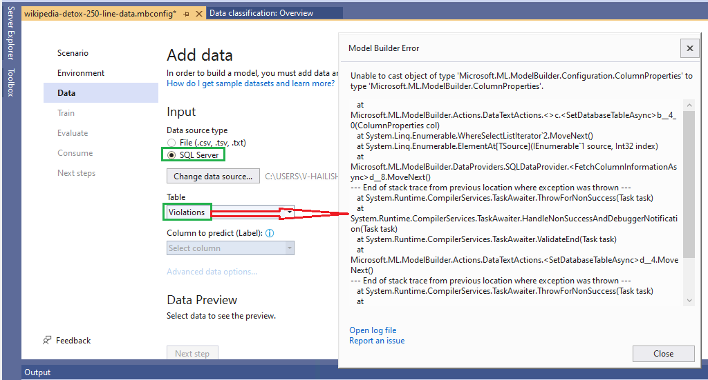 Model Builder Error Occurs After Choosing The Table When Using The Sql Server Data Source Type