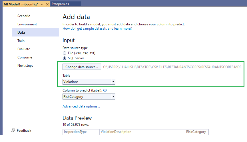 Model Builder Error Occurs After Choosing The Table When Using The Sql Server Data Source Type