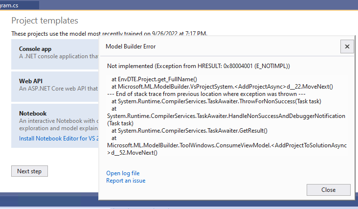 Model Builder Error: Not implemented (Exception from HRESULT: 0x80004001 (E_NOTIMPL)) when ...