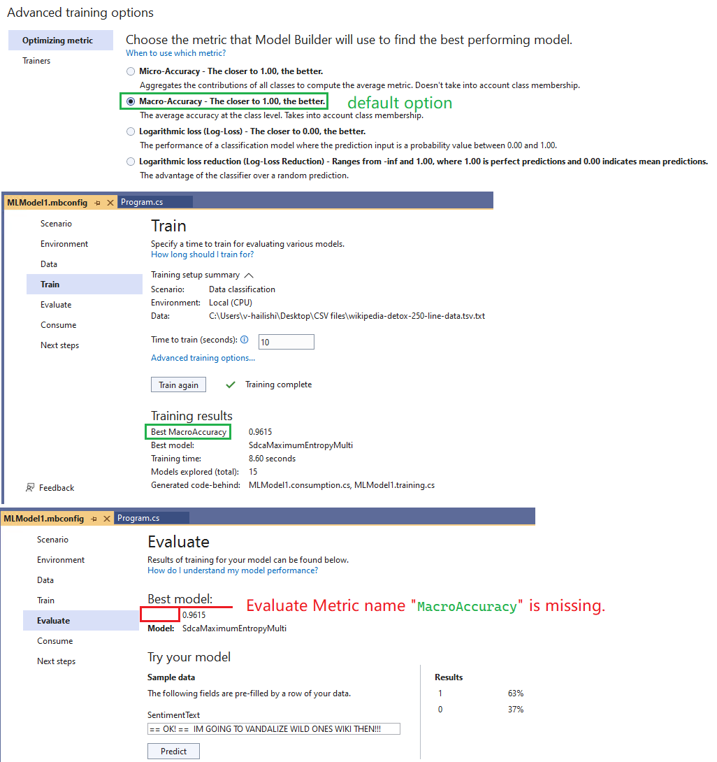 Data classification: Evaluate Metric name "MacroAccuracy" is missing on the Evaluate page ...