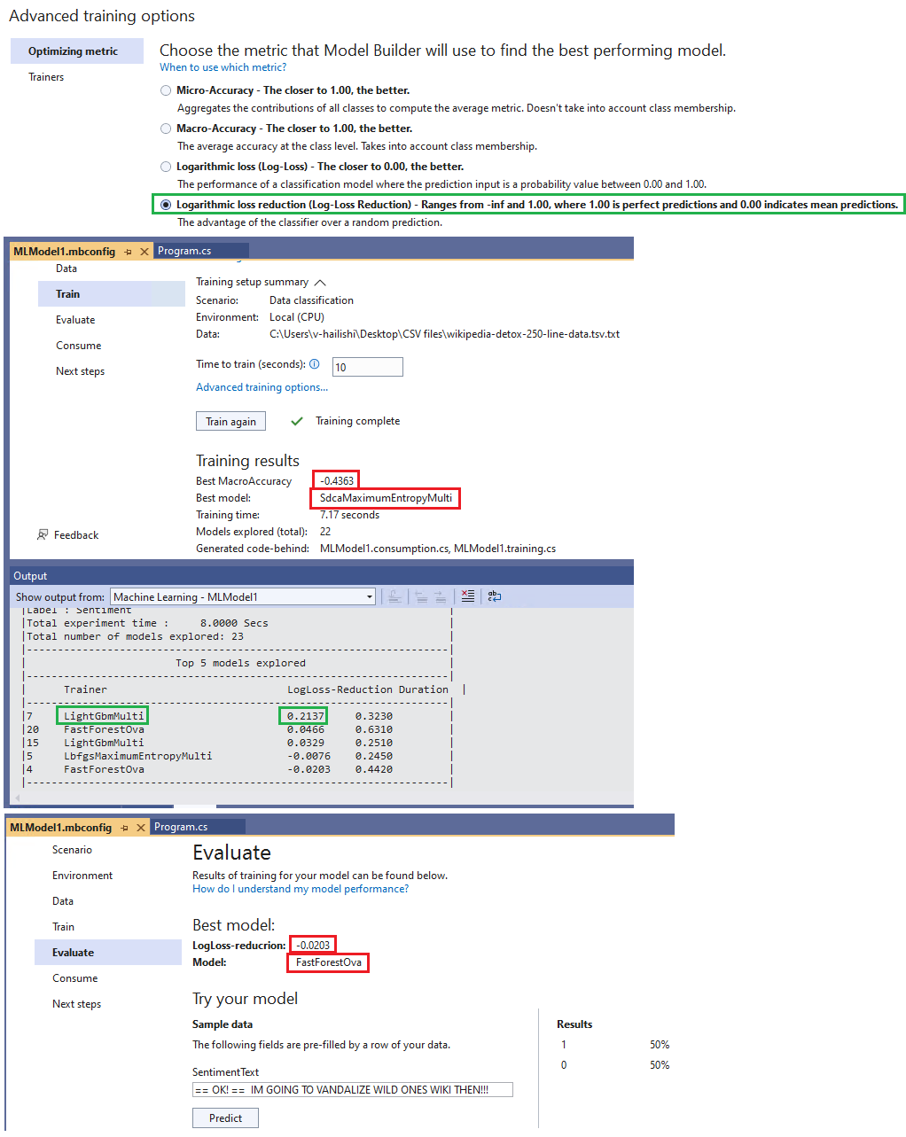 Data classification: The best model and its value are wrong for the metric "Log-Loss Reduction ...