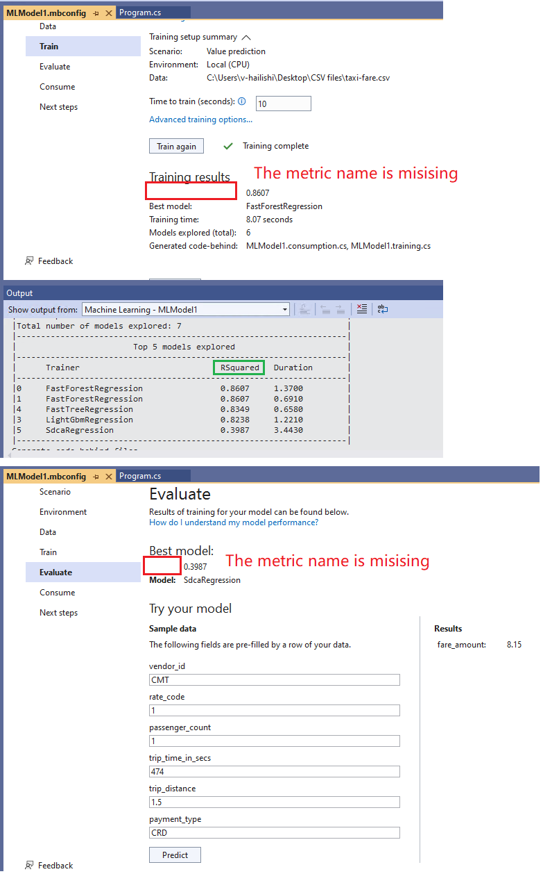 Value predication: Evaluate Metric name "RSquared" is missing on the Train and Evaluate pages ...