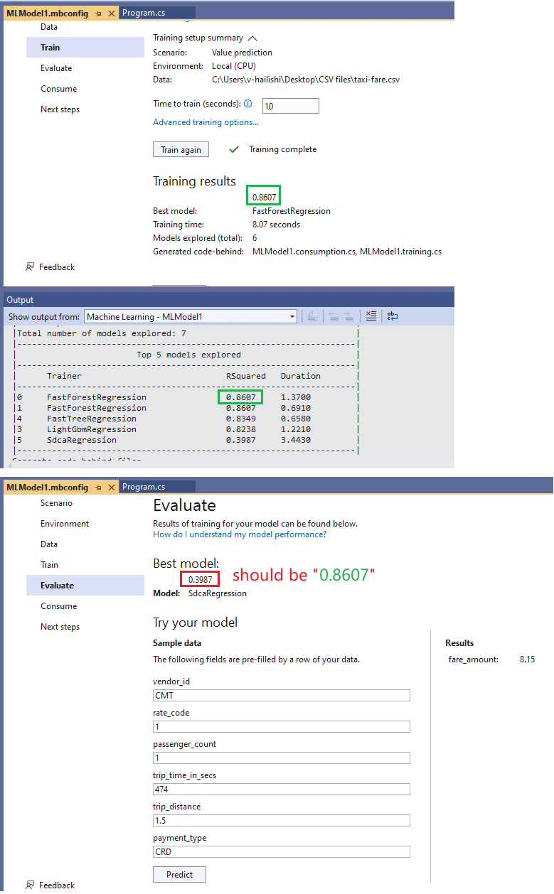 Value predication: The value for the best evaluation metric "RSquared" is wrong on the Evaluate ...