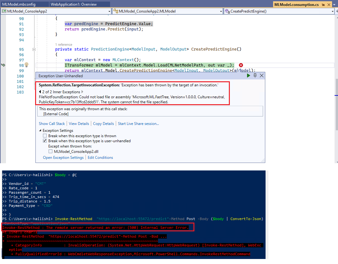 Value predication: The generated Console App and Web Api projects run failed when using metric ...