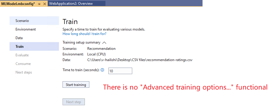 Recommendation: There is no "Advanced training options..." functional on the "Train" page ...