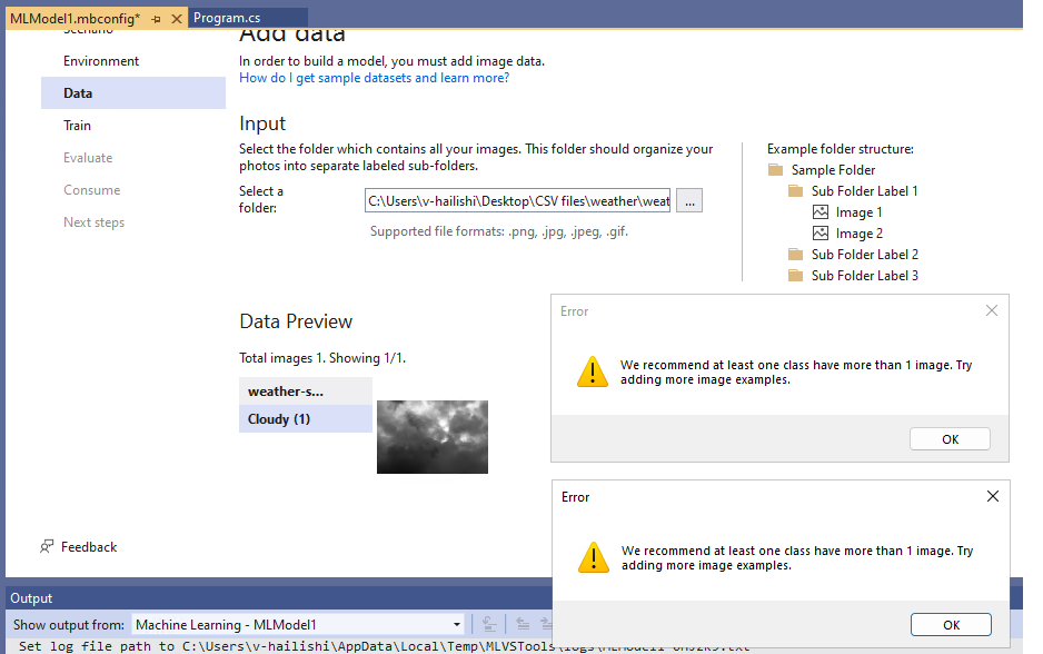 Image classification: The error dialog was repeated when selecting a non-compliant data folder ...