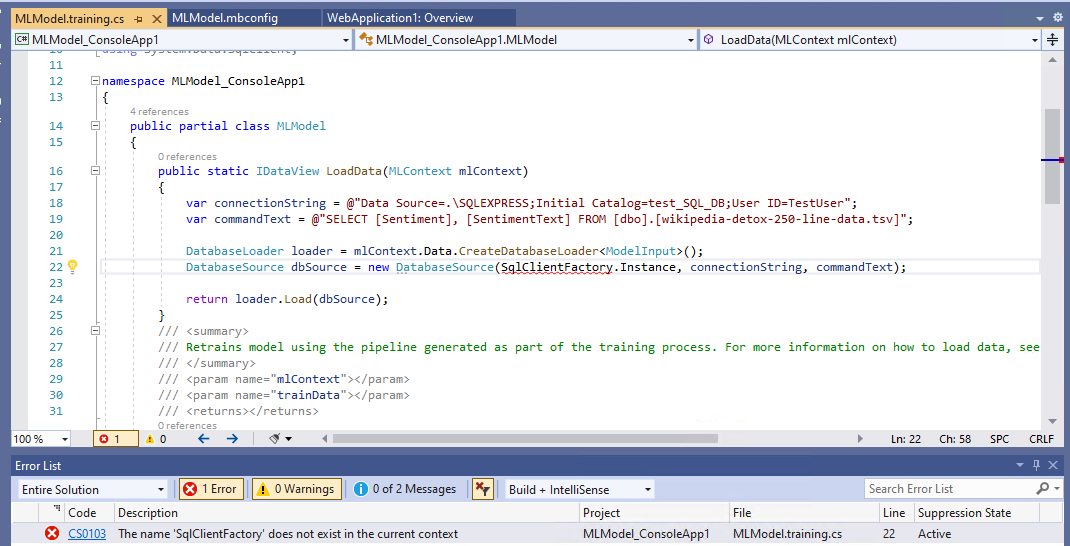 The Generated Console App Project Run Failed When Training The Sql Data · Issue 2288 · Dotnet 