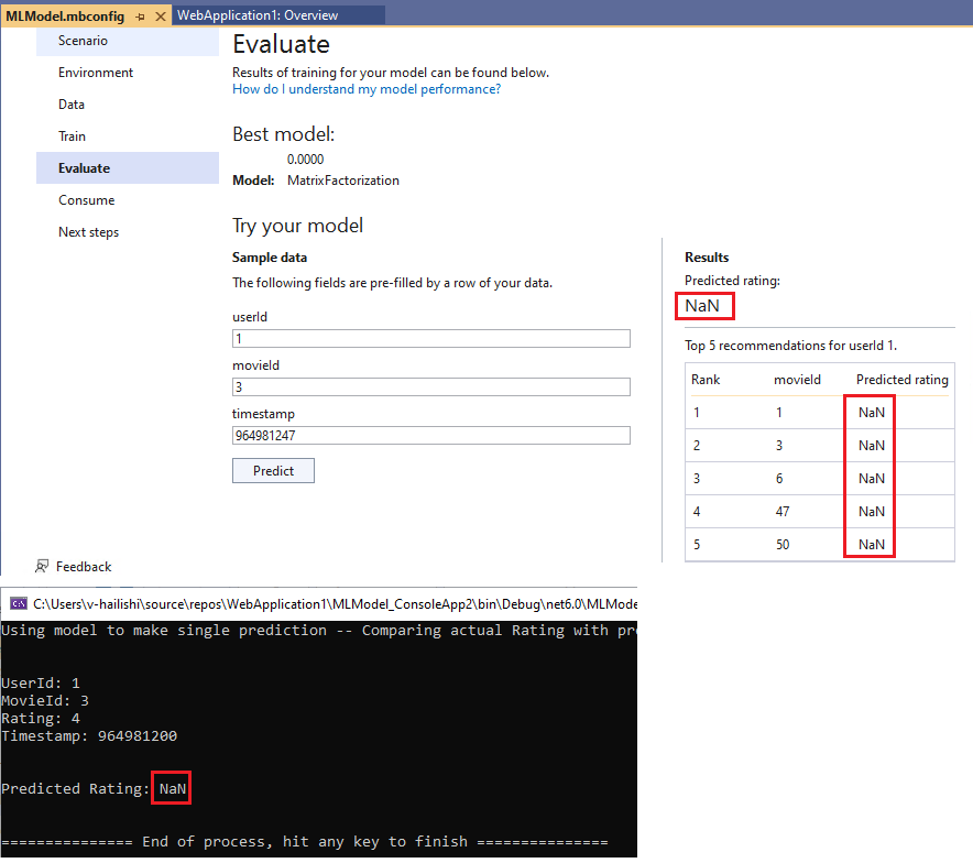 Recommendation: The predicted rating is garbled on the Evaluate page when using metric "RMSE" or ...