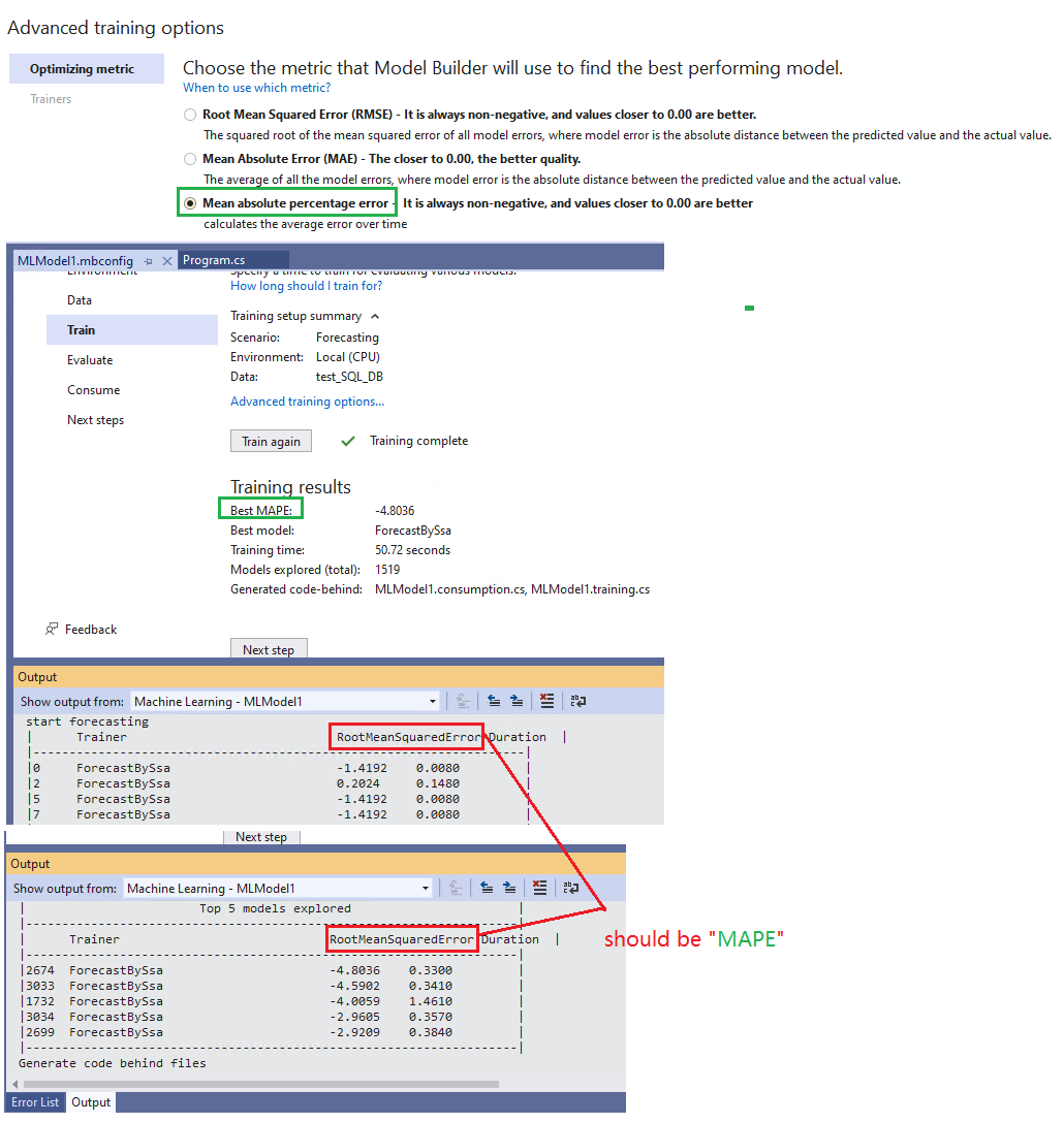 Forecasting: The column name is incorrect in the Output window when using metric "MAPE". · Issue ...