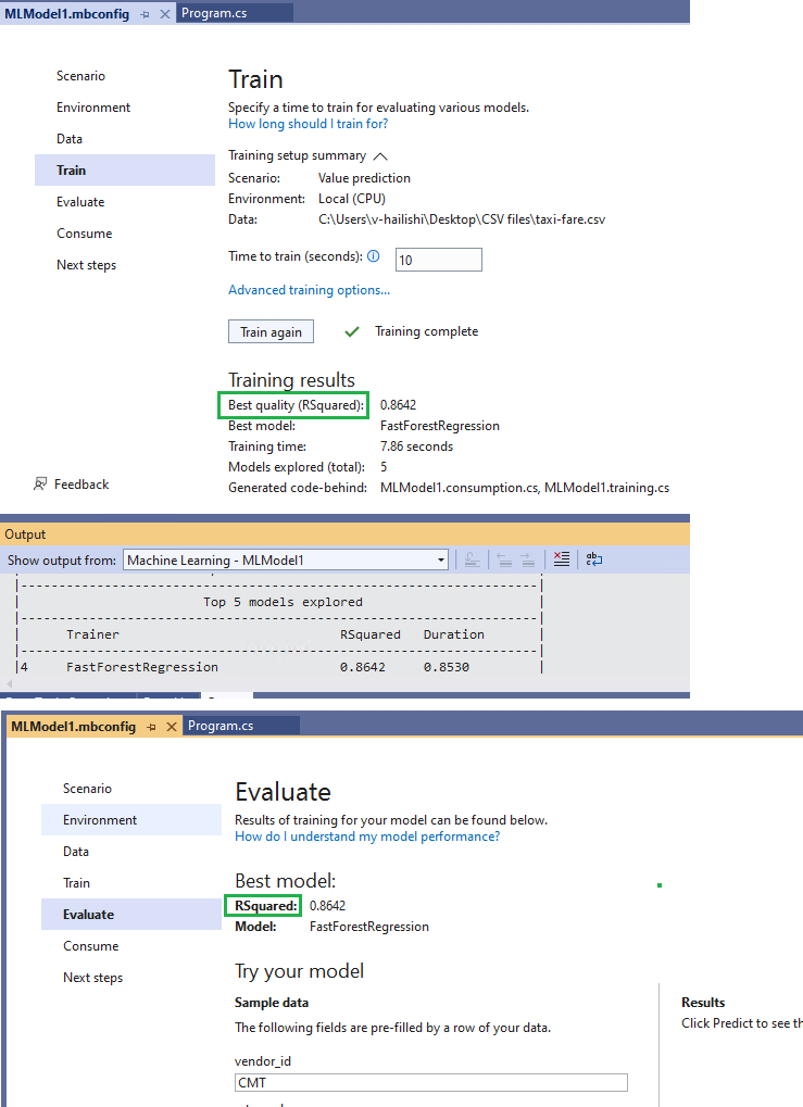 Value predication: Evaluate Metric name "RSquared" is missing on the Train and Evaluate pages ...