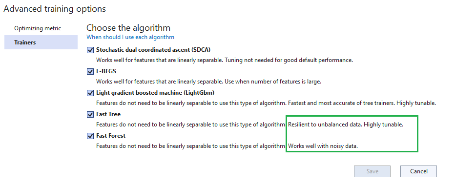 Data classification: The descriptions of trainers "Fast tree" and "Fast ...