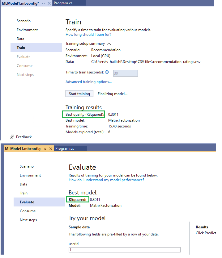 Recommendation: Evaluate Metric name "RSquared" or "RMSE" or "MSE" is missing on the Train and ...