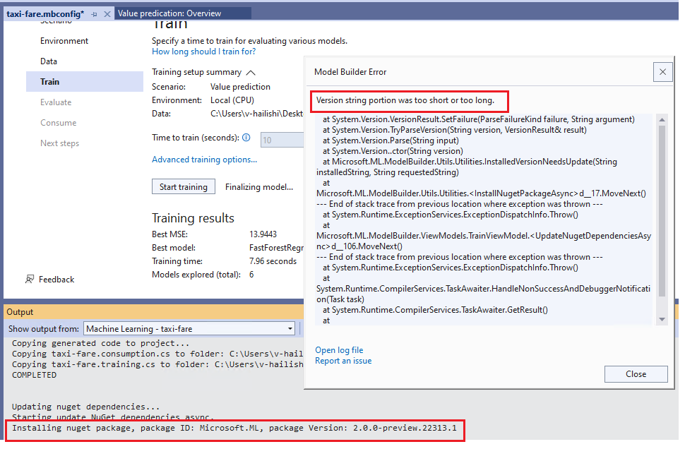All scenarios: Message dialog "Version string portion was too short or ...