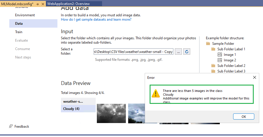 Image classification: The error dialog was repeated when selecting a non-compliant data folder ...
