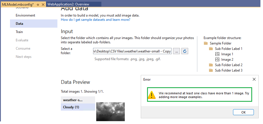 Image classification: The error dialog was repeated when selecting a non-compliant data folder ...