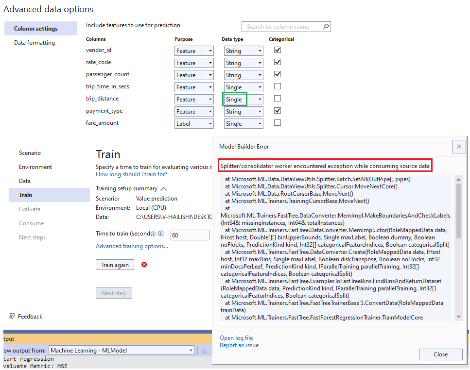 Value predication: Training failed with model builder error after changing the feature column 's ...