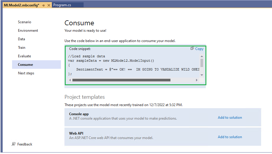 Text classification: The Code snippet would be blank on the Consume page after you close and ...