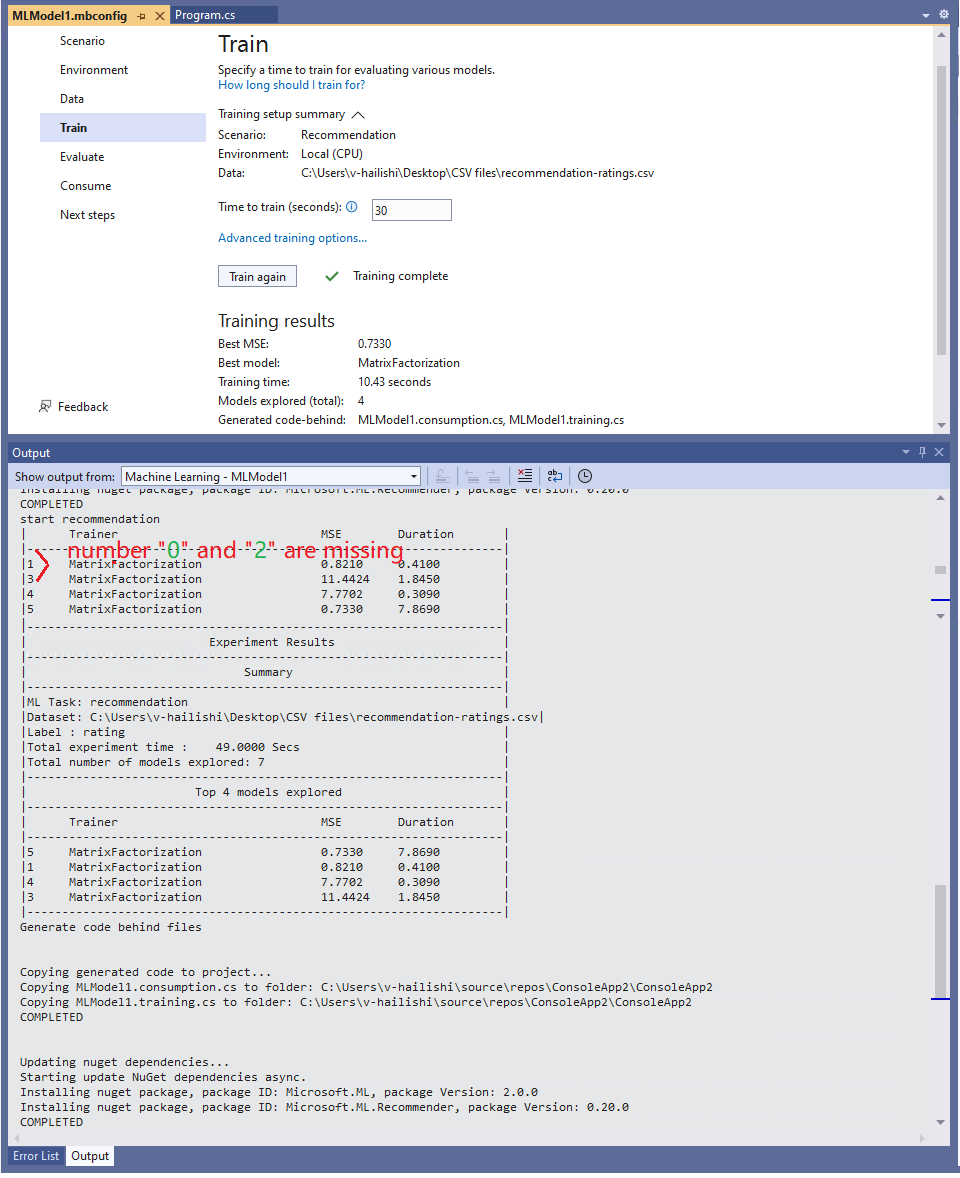 Recommendation: Some trainer numbers are missing and non-continuously on the Output window ...