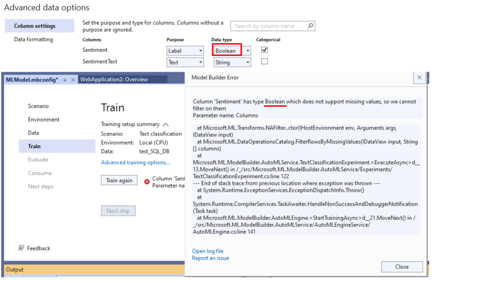 Text classification: Training failed with error "Column 'Sentiment' has type Boolean which does ...