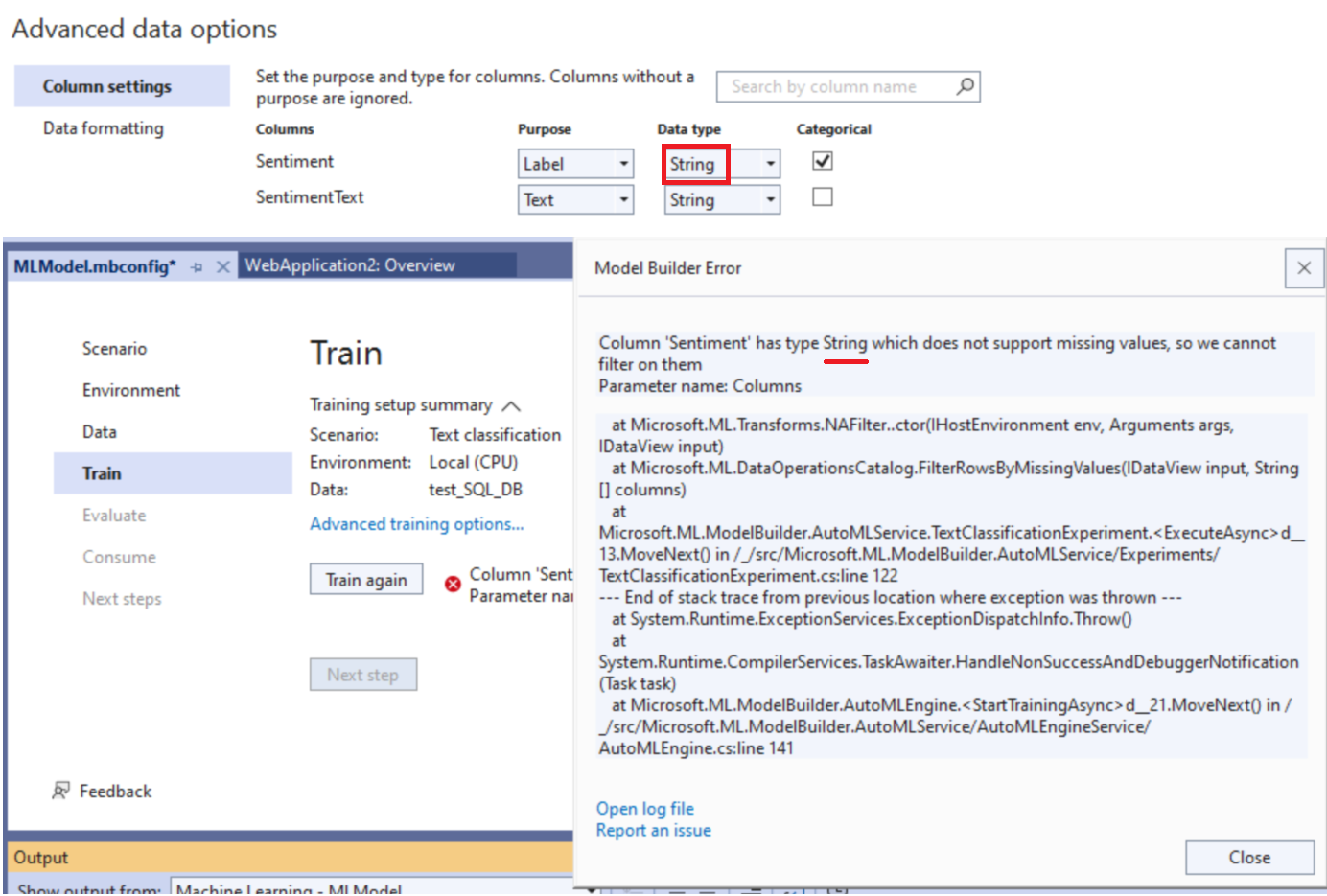 Text classification: Training failed with error "Column 'Sentiment' has type Boolean which does ...