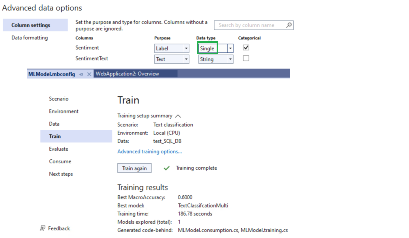 Text classification: Training failed with error "Column 'Sentiment' has type Boolean which does ...