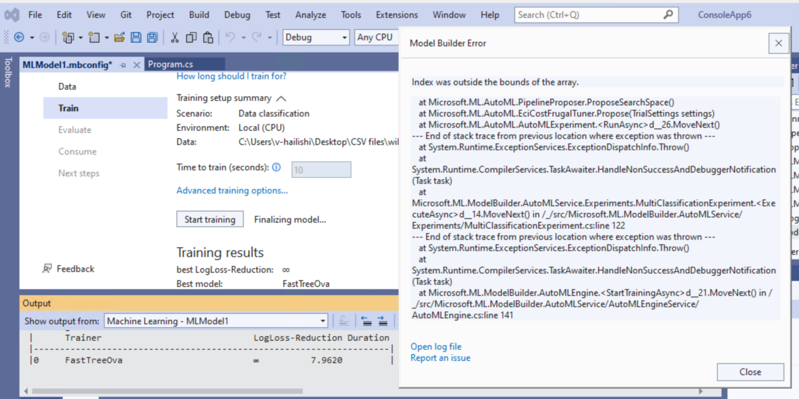 Data classification: Training failed with model builder error "Index was outside the bounds of ...