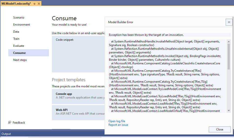 Sentence similarity: The Console App and Web API projects are generated failed on the Consume ...